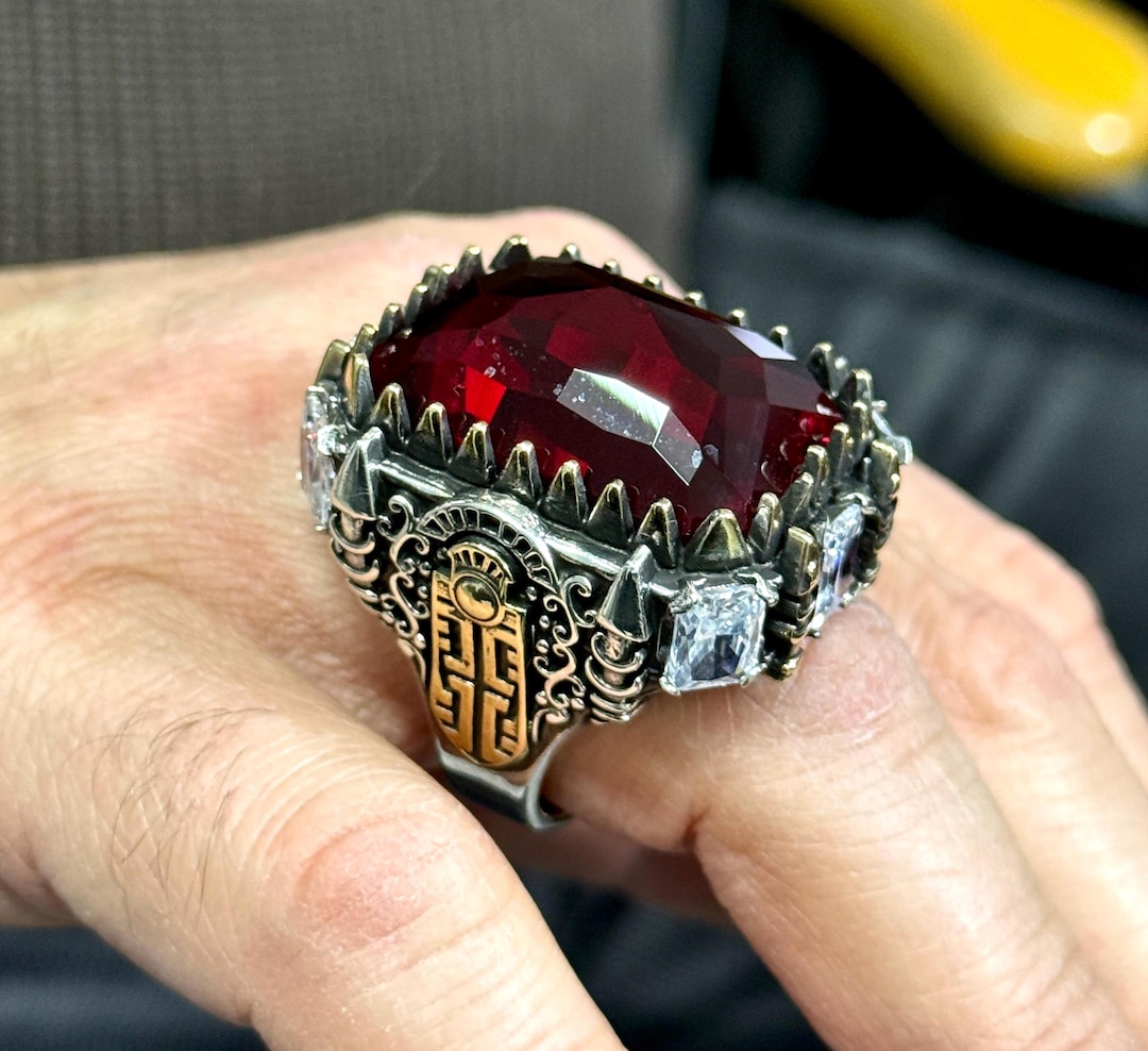 Mens Silver Large Ruby Stone Ring, Zircon Red Gemstone Ring, Large ...