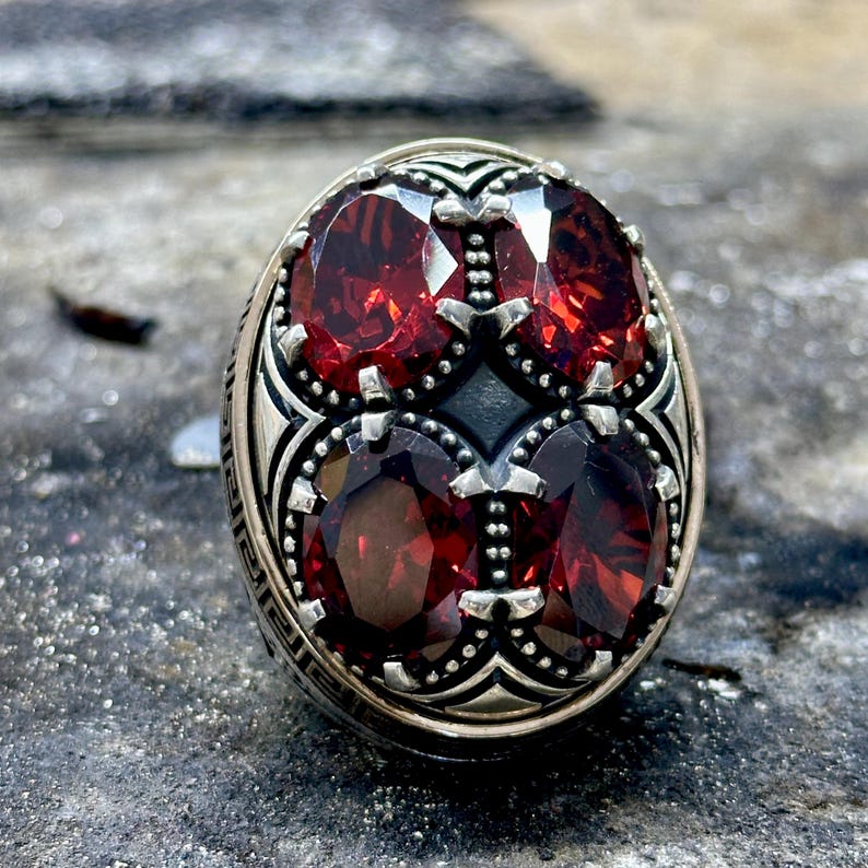 Men Silver Handmade Large Ruby Ring , Ottoman Silver Handmade Large Men ...