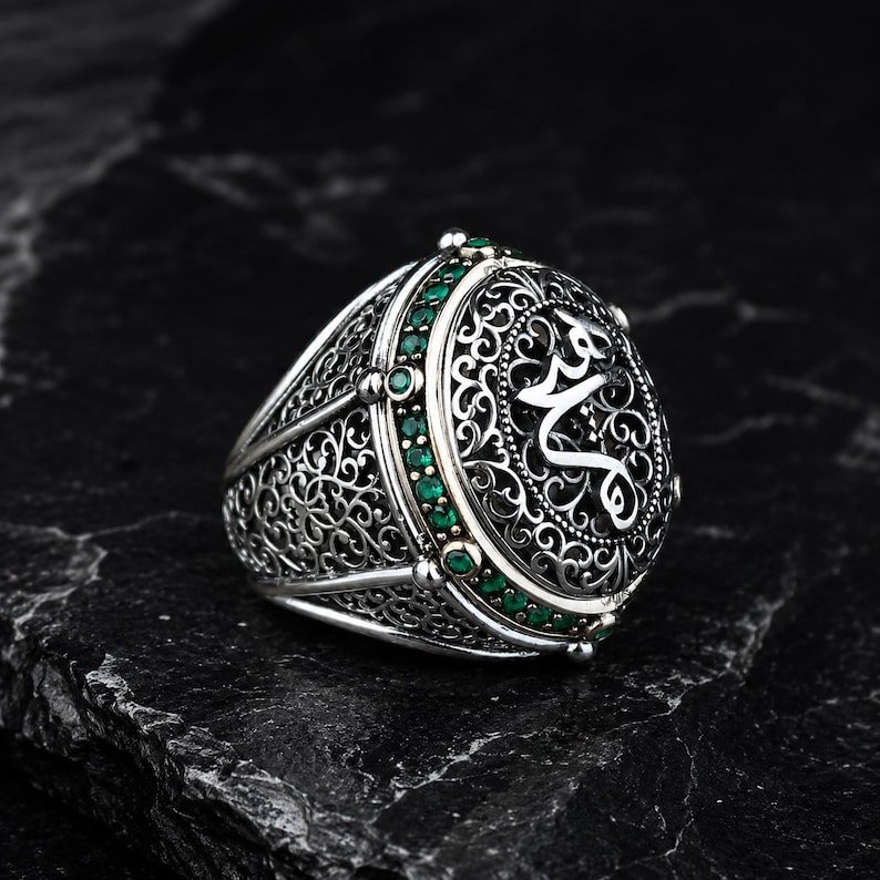 Silver Islamic Muhammad Silver Ring, Emerald Stone Arabic Calligraphy ...