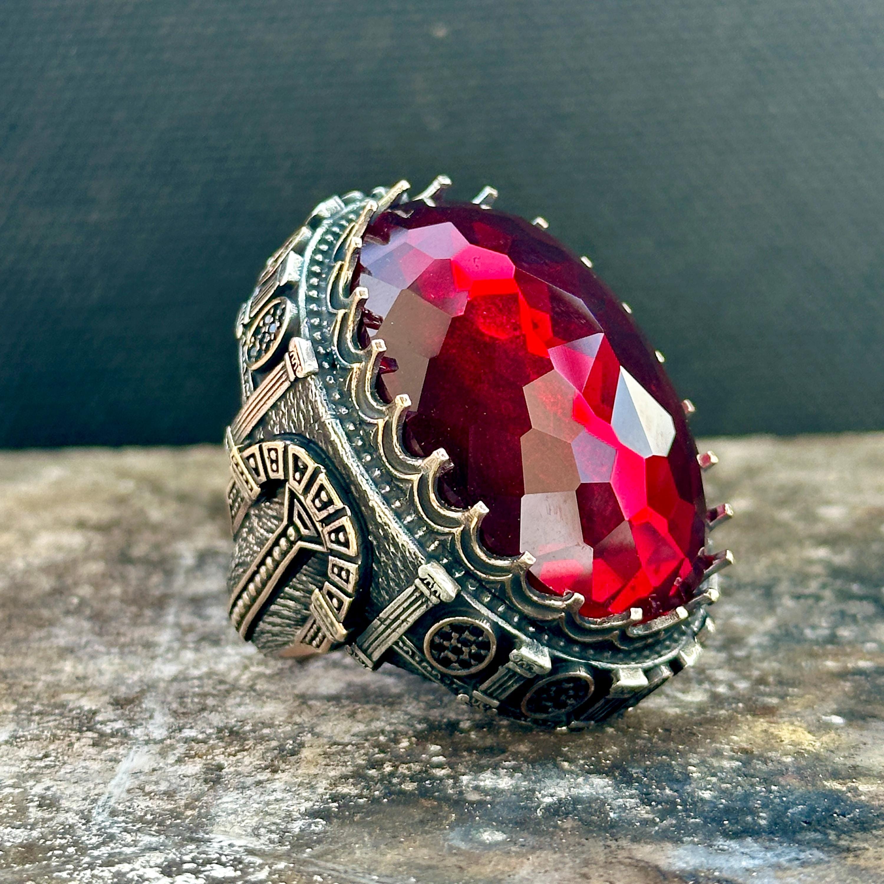 Men Silver Handmade Large Ruby Ring , Vintage Large Ottoman Style Ring ...