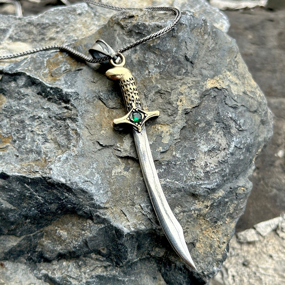Silver Sword Dagger Pendant , Green Emerald Stone Sword Necklace , 925K ...
