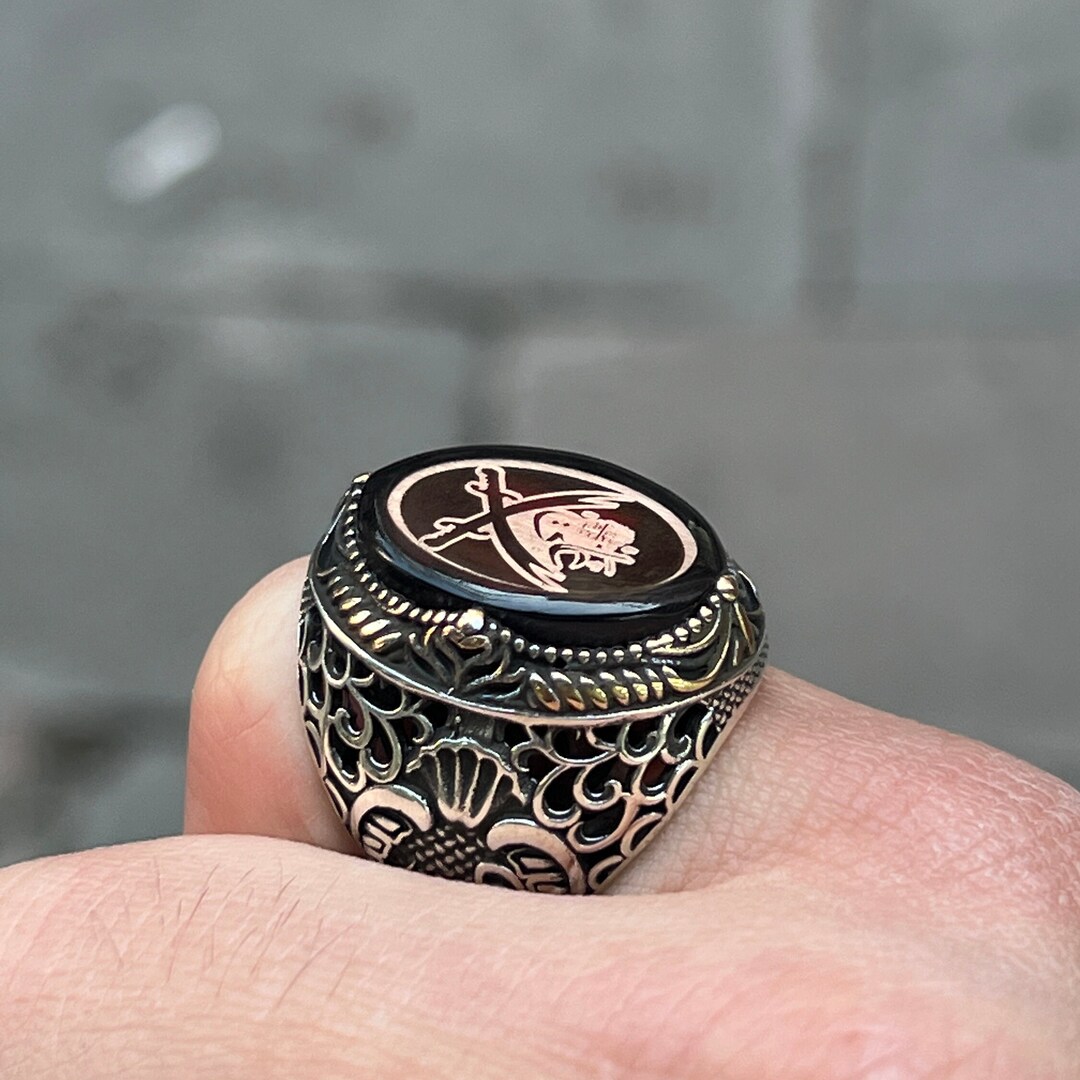 Men Silver Double Sword Ring , Amber Stone Ring , Silver Handmade Sword ...