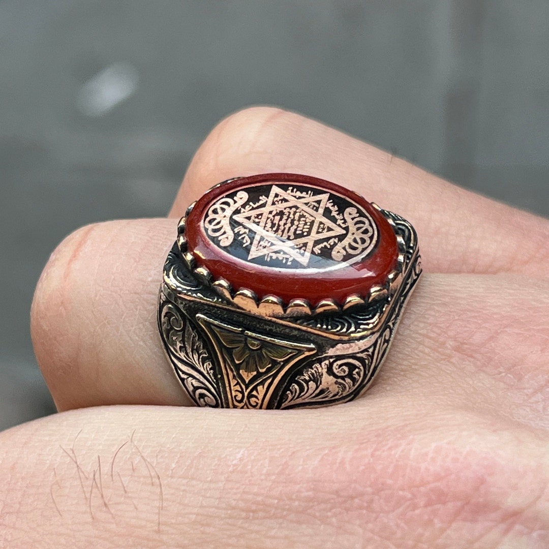 Seal of Solomon Ring , Natural Amber Stone Ring , Silver Solomon Seal ...