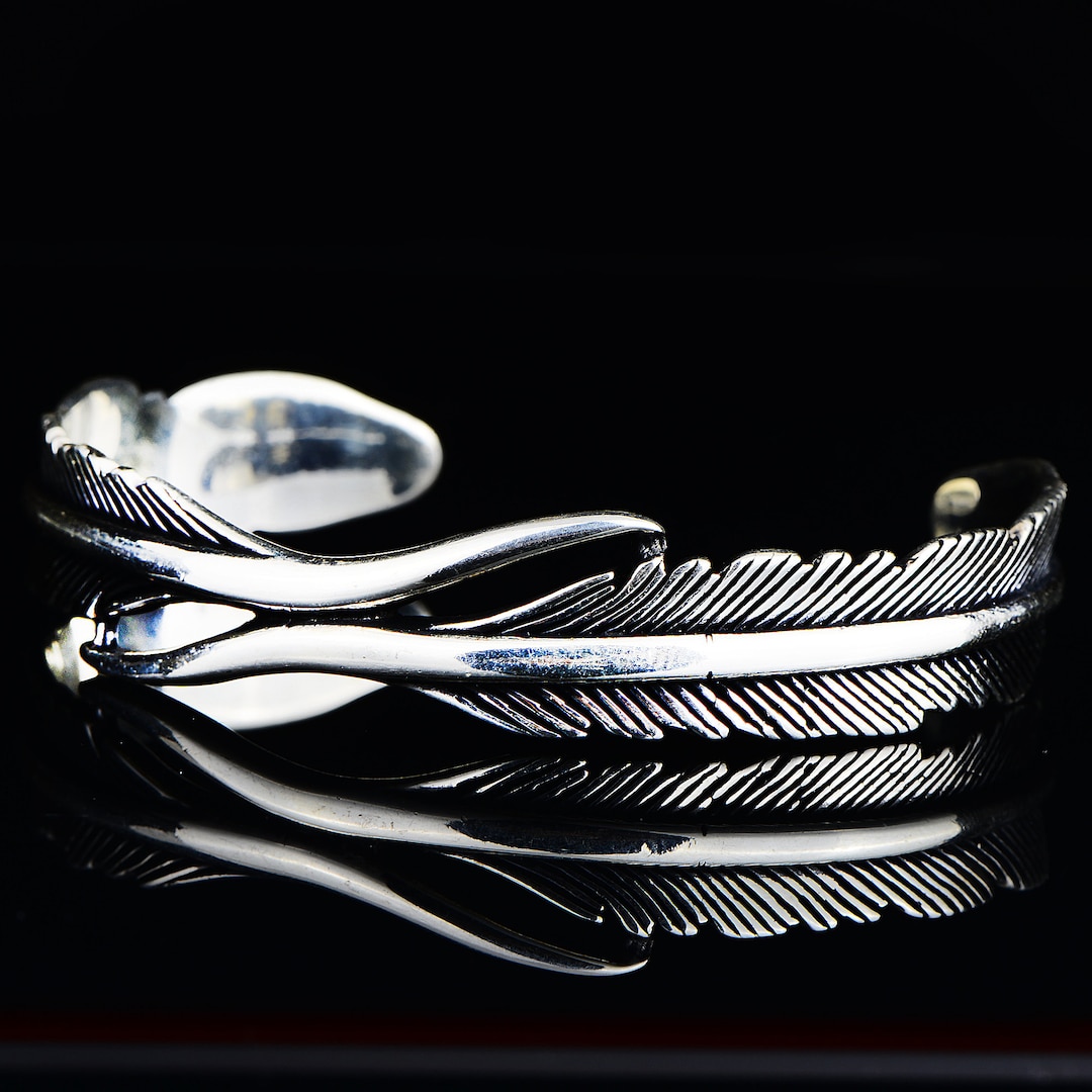 Men Silver Feather Bracelet , Silver Feather Cuff Bracelet , Silver ...