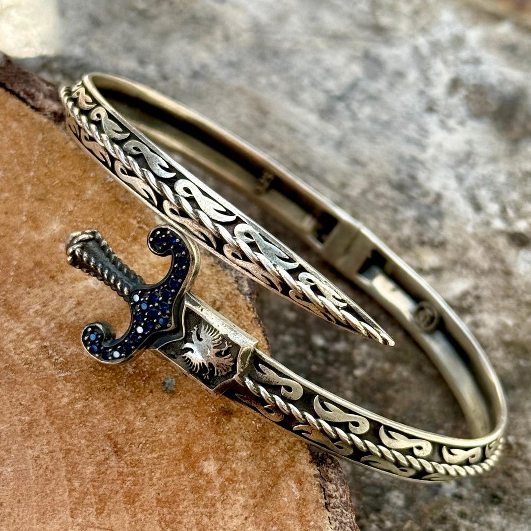 Silver Sword Adjustable Bracelet, Sapphire Stone Warrior Bracelet ...