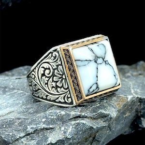 Men Handmade White Turquoise Stone Ring , Square Engraved Handcrafted ...