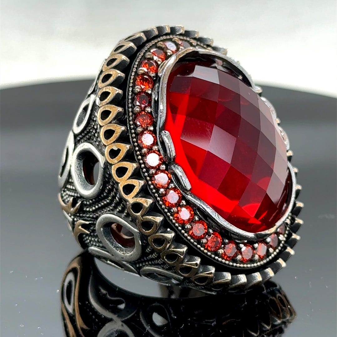 Men Silver Large Ruby Ring, Ottoman Style Tulip Ring, Vintage Red ...