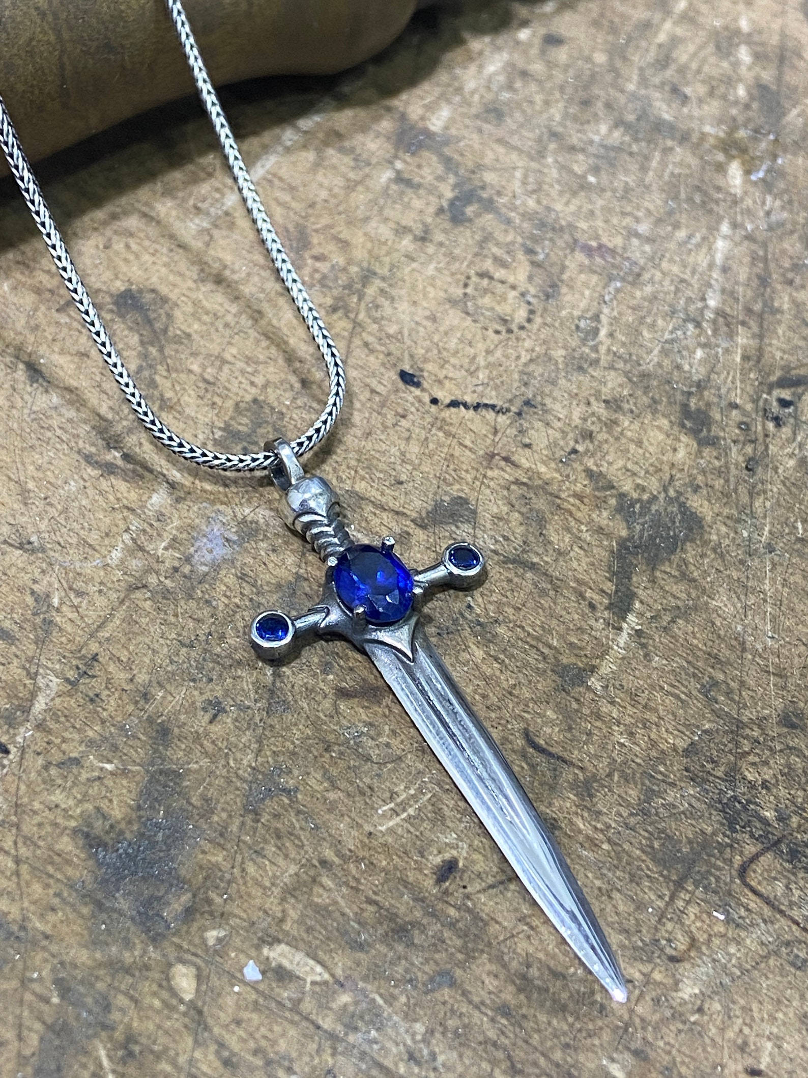 Silver Sword Pendant , Sapphire Stone Sword Necklace , Silver Warrior ...