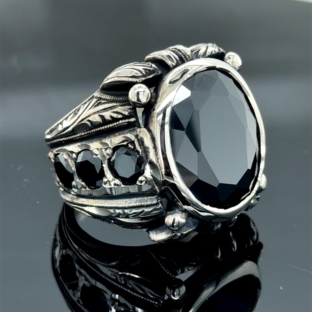 Silver Engraved Onyx Gemstone Ring, Black Onyx Gemstone Ring, Hand ...
