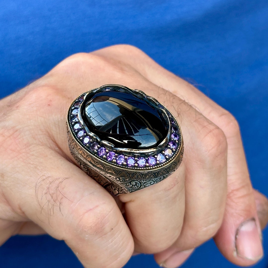Silver Large Onyx Ring , Men Amethyst and Onyx Ring, Unique Handmade ...