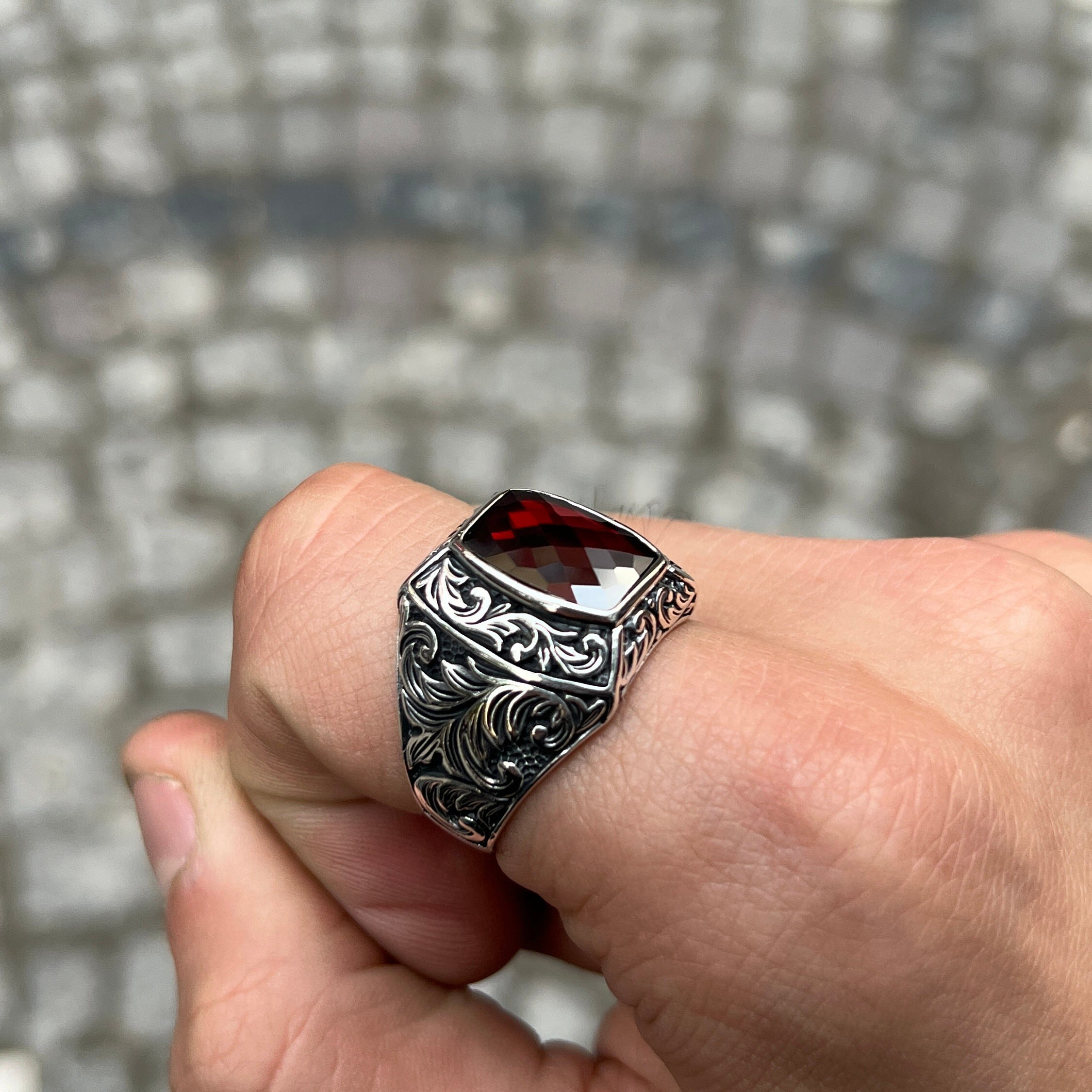 Silver Red Stone Ring , Silver Ruby Stone Ring , Ottoman Patterned Men ...