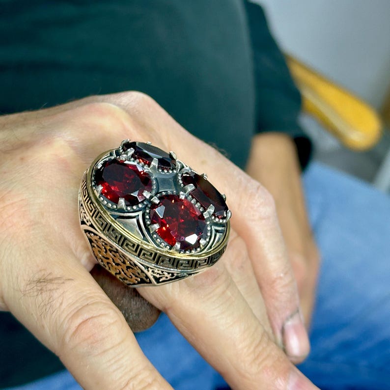 Men Silver Handmade Large Ruby Ring , Ottoman Silver Handmade Large Men ...