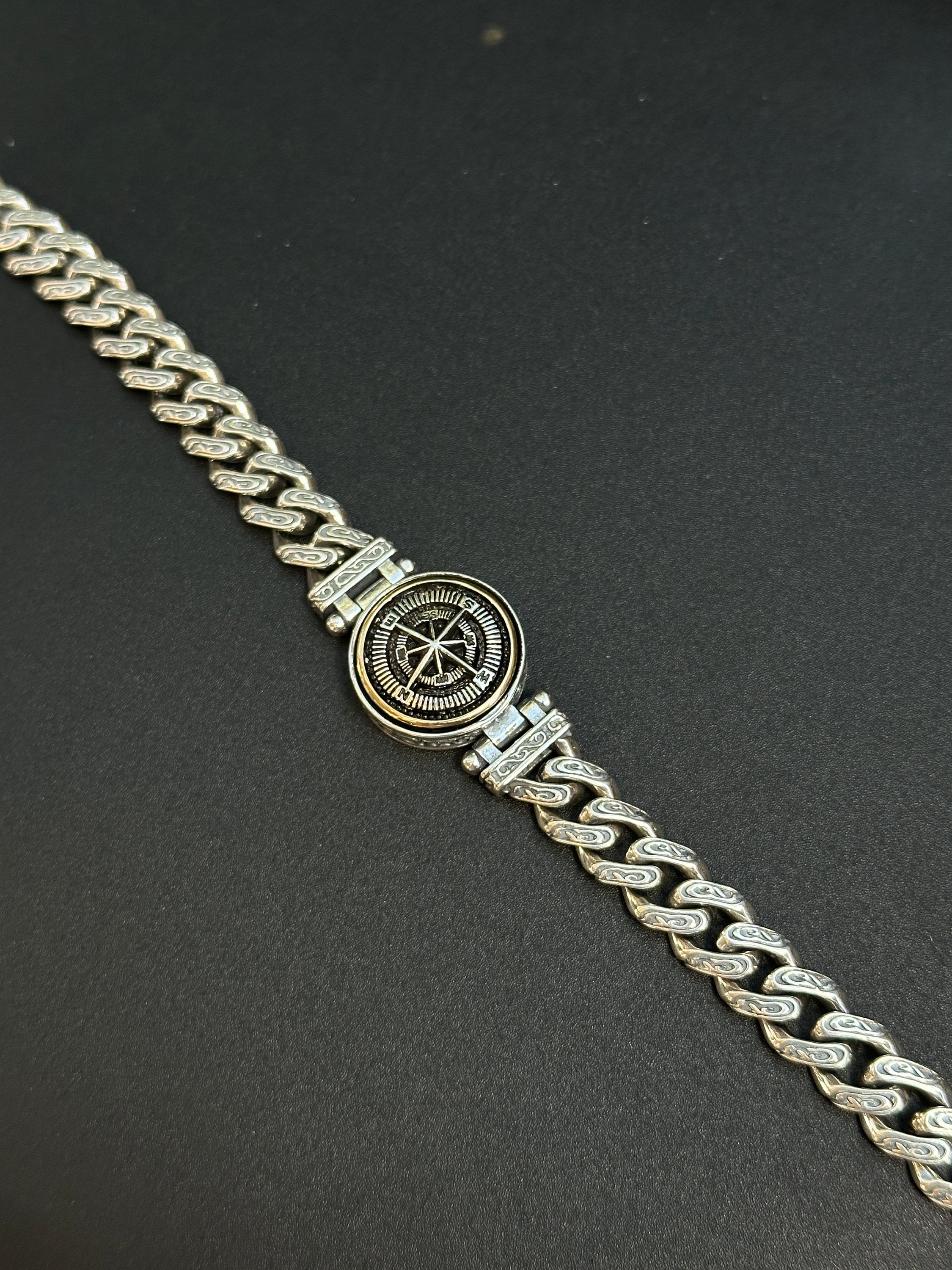 Silver 925 Curb Link Bracelet , Silver Compass Signet Bracelet , Oxide ...