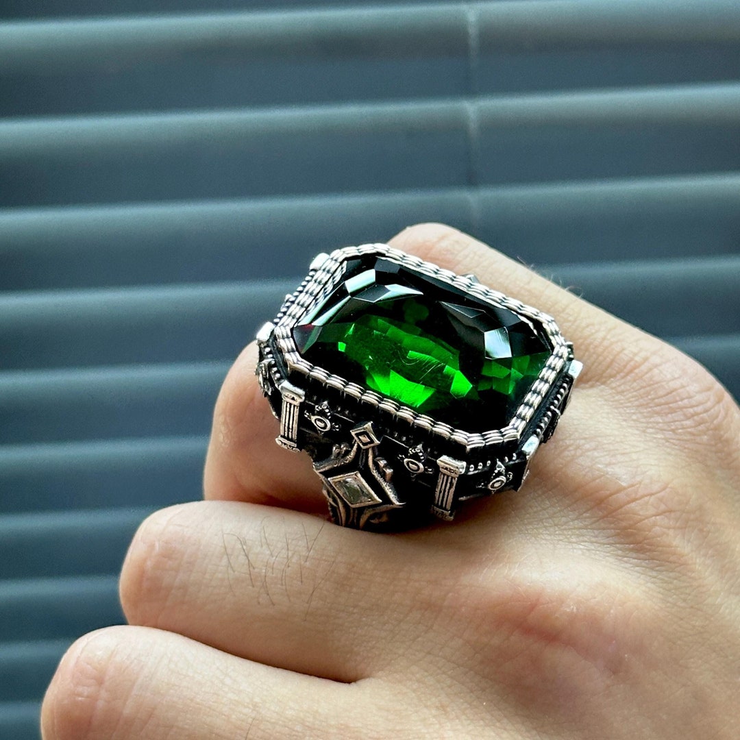 Mens Handmade Large Green Stone Ring , Large Emerald Stone Ring ...