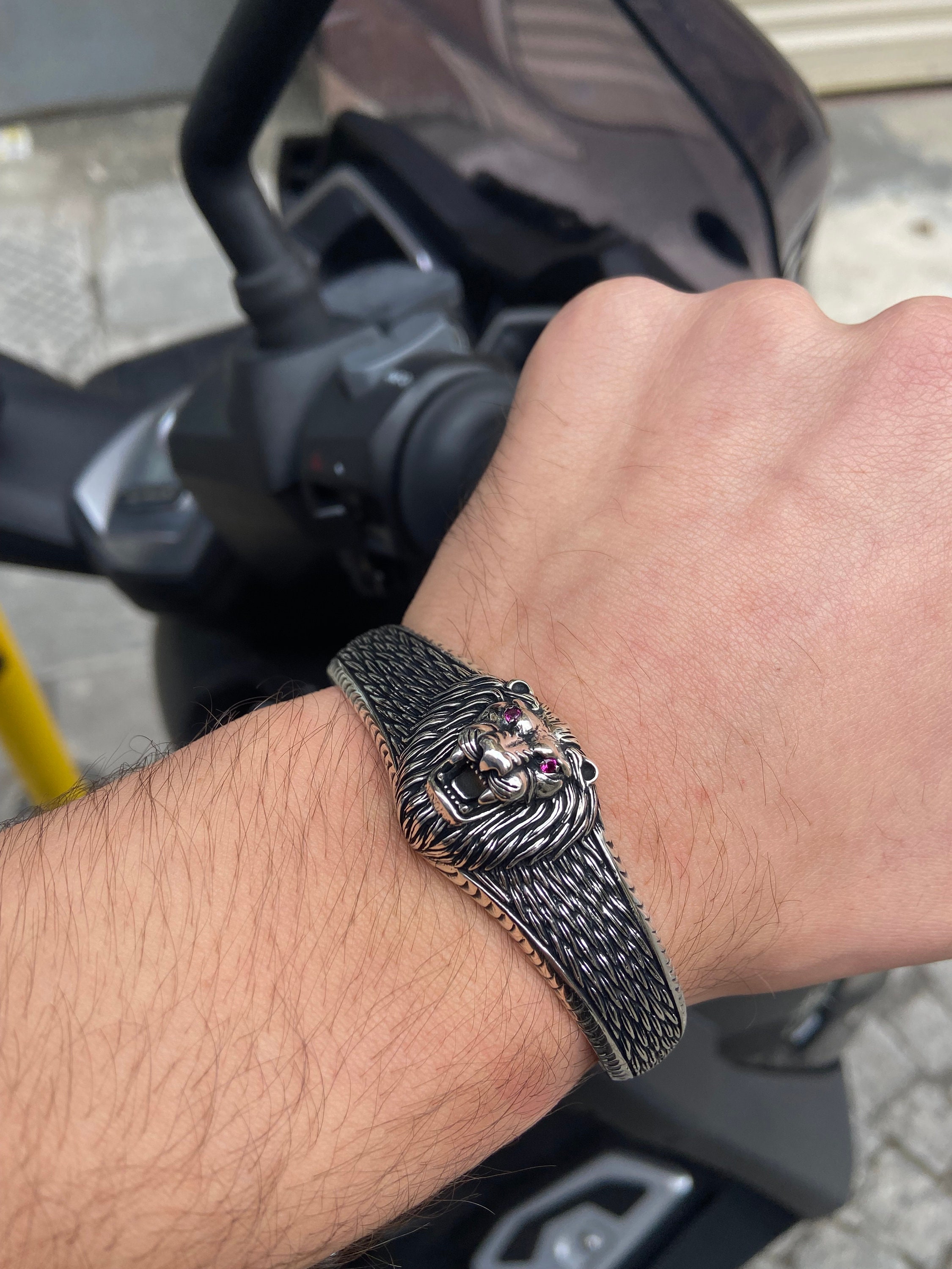 Man Lion Bracelet , Liond Head Bracelet , Wild Lion Bracelet , Silver ...