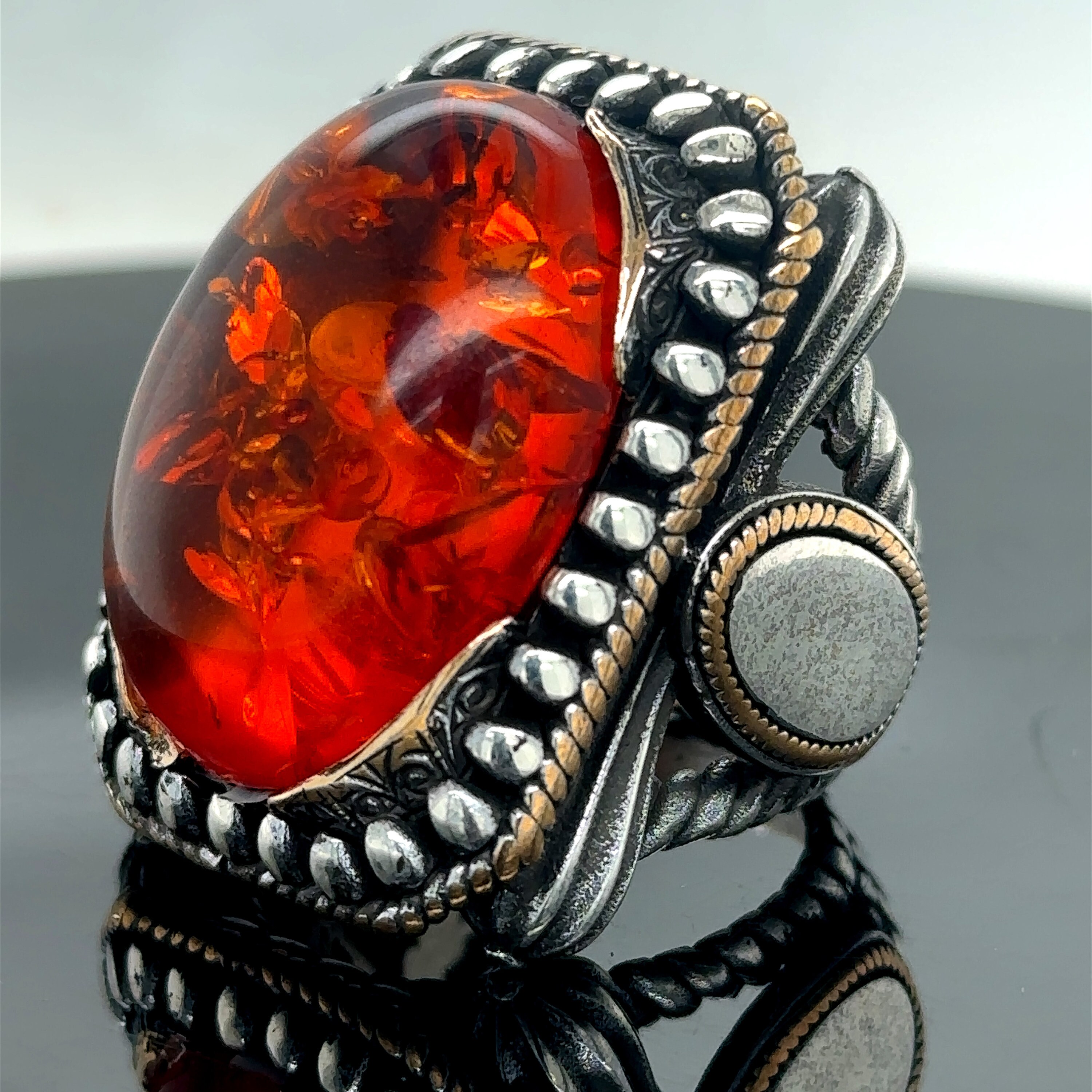 Silver Large Amber Ring , Orange Amber Ring , Large Oval Amber Ring ...