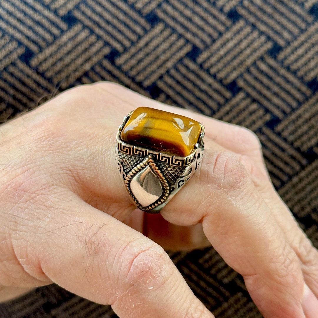 Silver Tiger Eye Stone Ring, Men Natural Tiger Stone Ring, Greek Style ...
