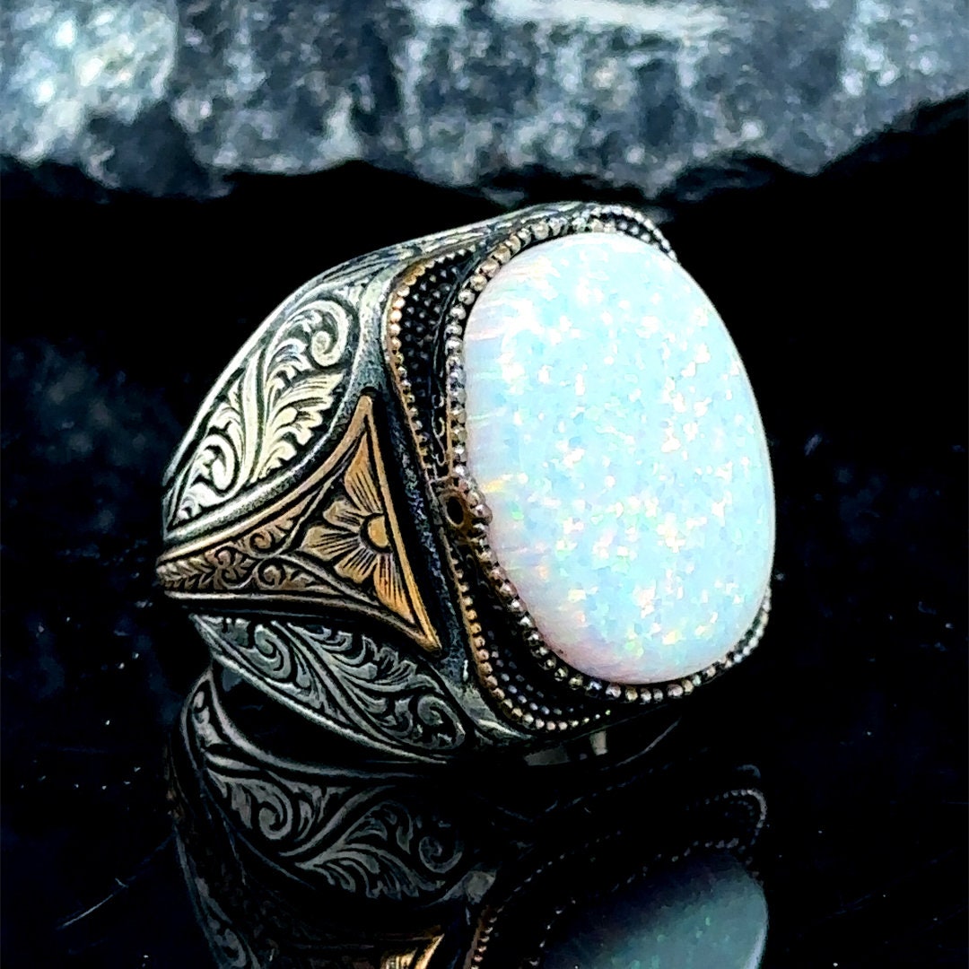 Mens Silver Opal Ring, White Opal Ring, Sterling Silver Handmade Opal ...