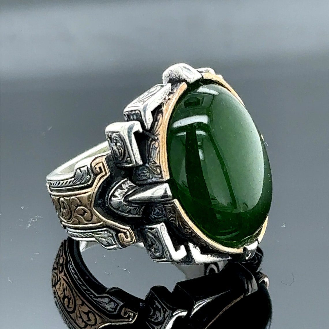 Silver Jade Stone Ring, Handmade Green Jade Ring, Men Silver Jade Ring ...