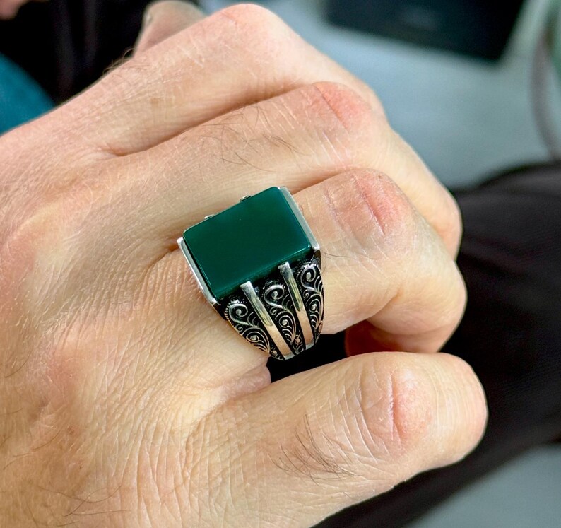 Men Silver Green Jade Stone Ring, Handmade Engraved Vintage Ring ...