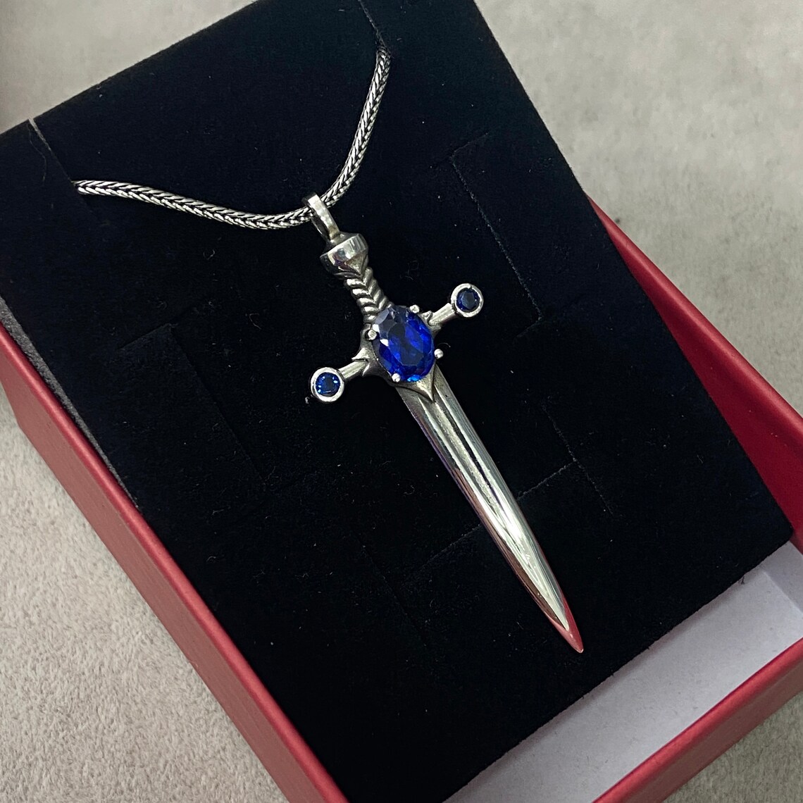 Silver Sword Pendant Sapphire Stone Sword Necklace Silver - Etsy
