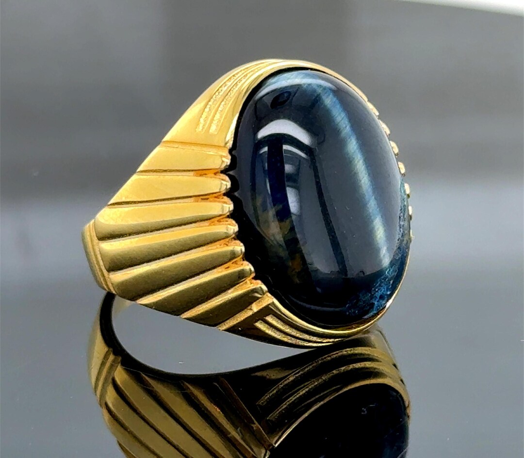 Silver Blue Tiger Eye Men Ring, Gold Plated Men Ring, Handmade Silver ...