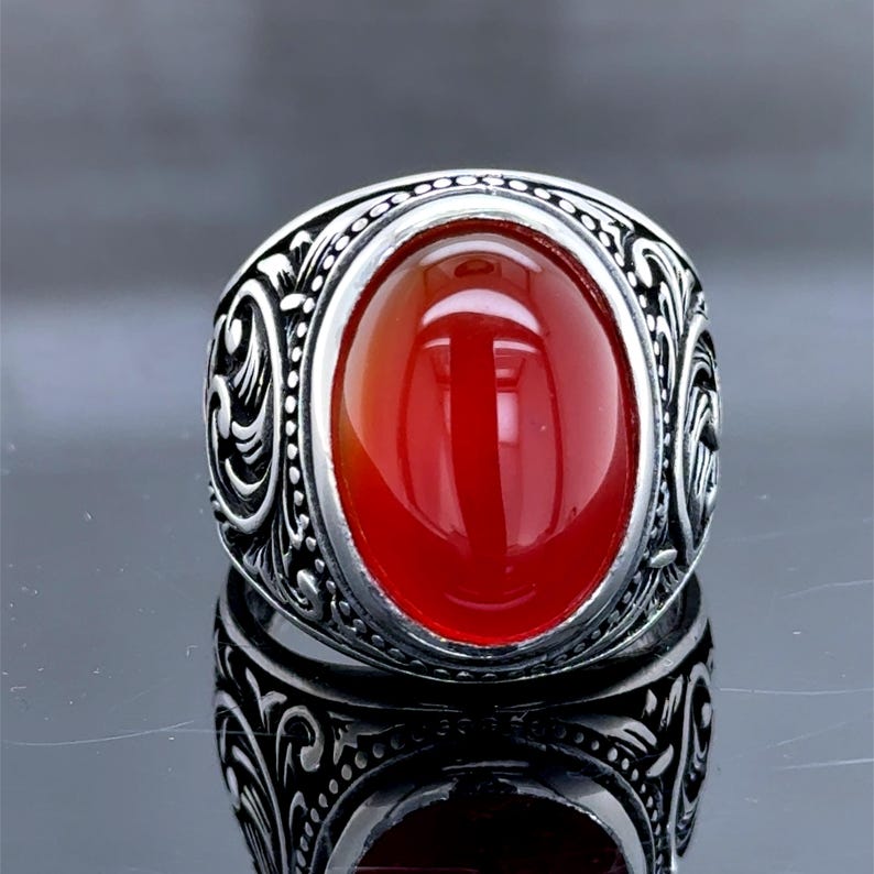 Handgemaakte heren agaat Aqeeq ring, natuurlijke rode agaat ring ...