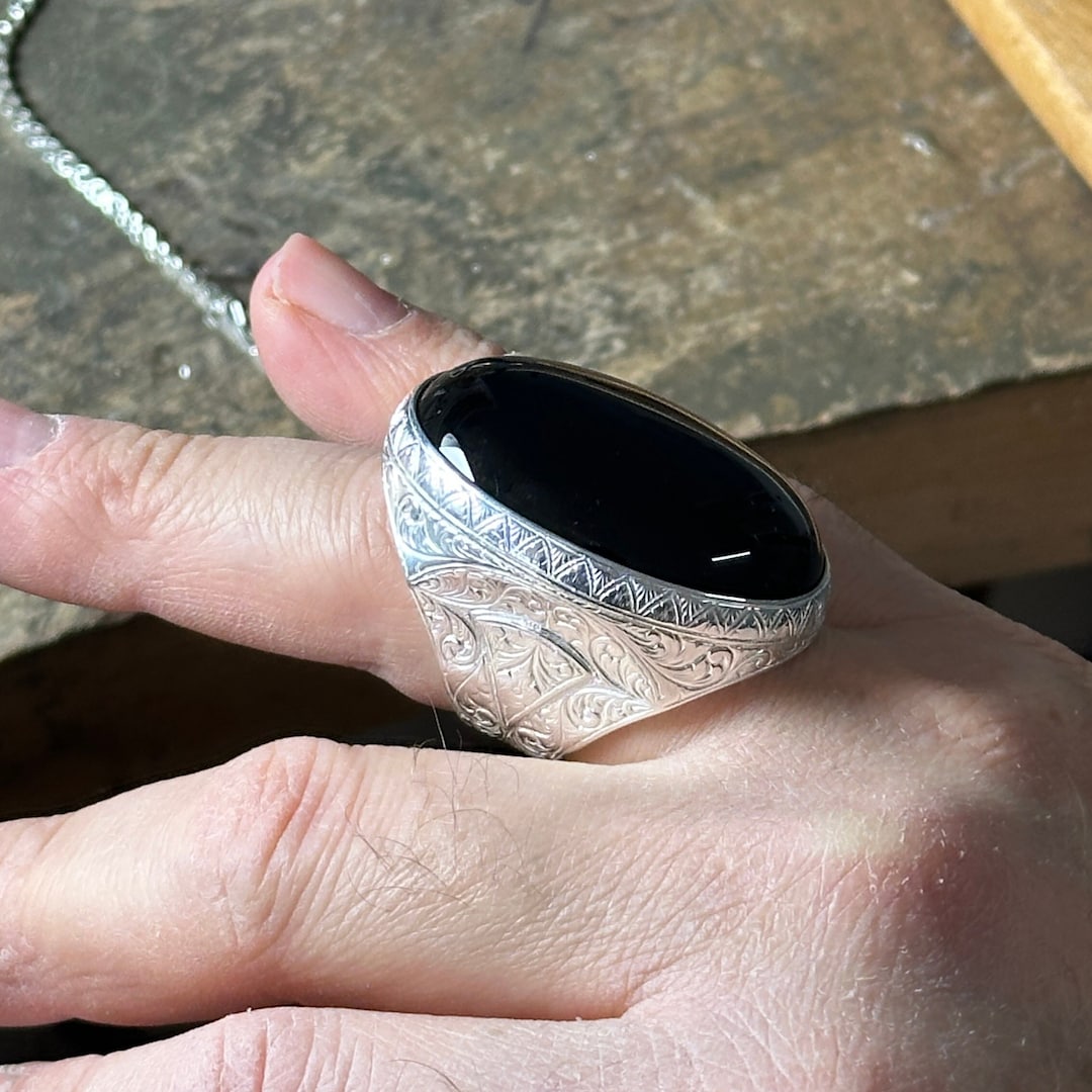 Large Onyx Ring, Men Silver Natural Large Black Onyx Ring , Men BİG Ring, Ottoman Jewelry Ring ...