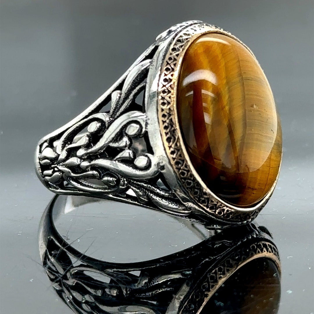 Silver Tiger Eye Stone Ring , Natural Tiger Eye Gemstone Ring , Men ...