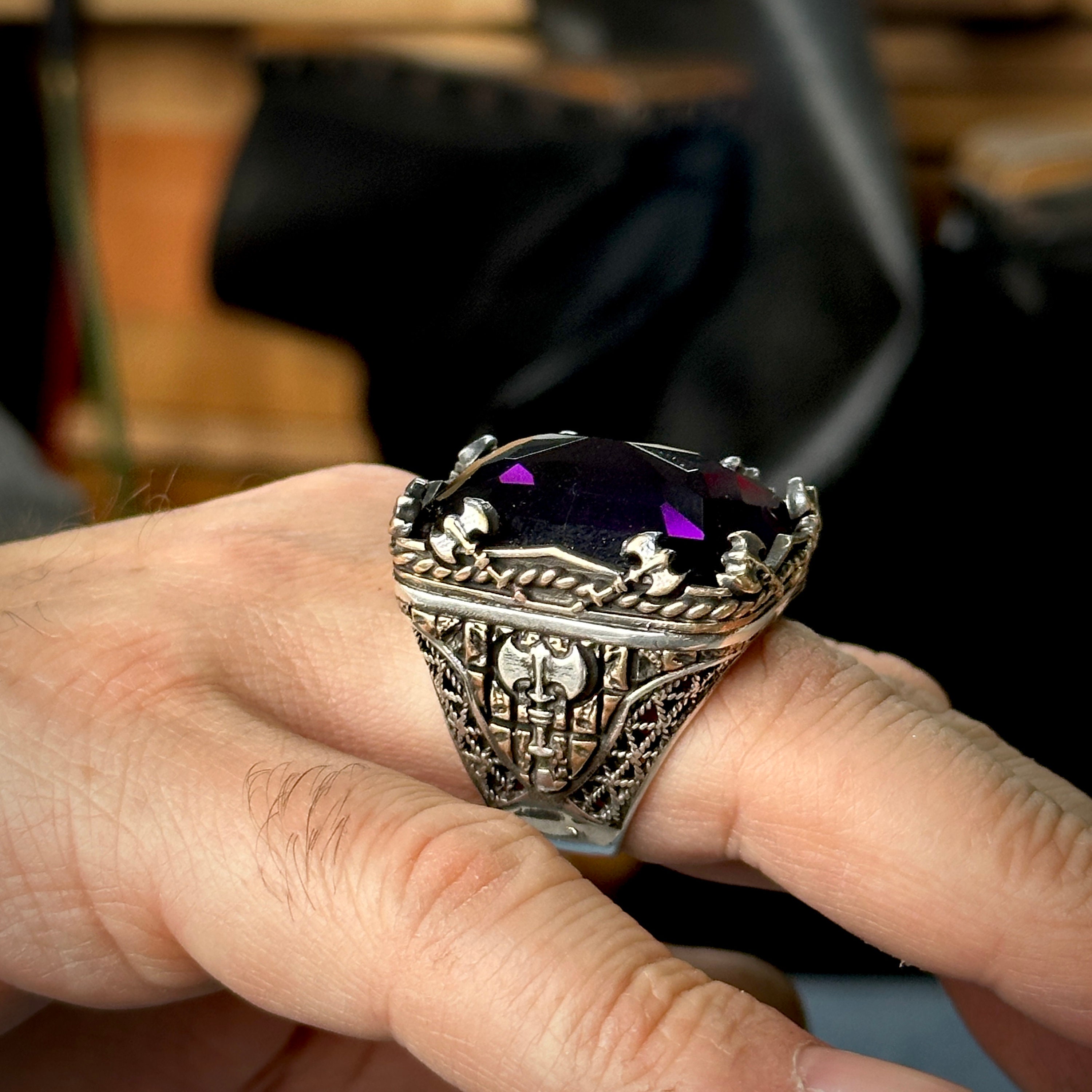 Silver Amethyst Men's Ring , Man Silver Axe Large Ring Silver Amethyst Men's Ring , Man Silver Axe Large Ring