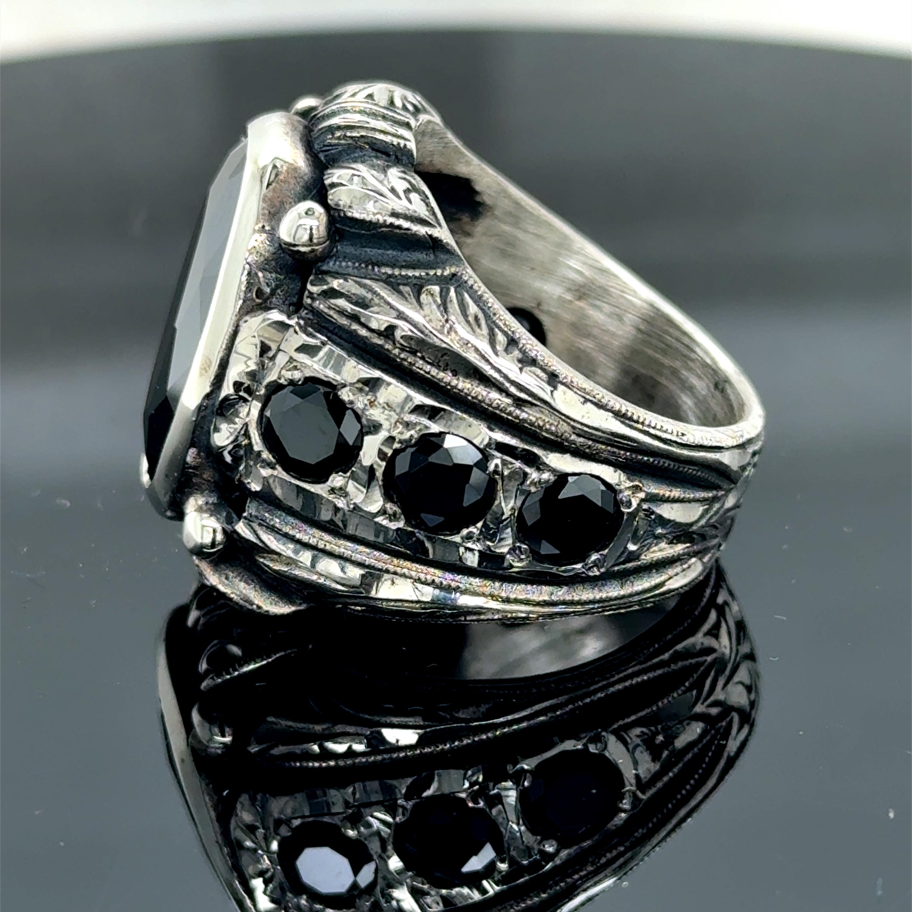 Men Silver Black Onyx Ring, Turkish Engraved Mens Ring, Onyx Signet Men ...