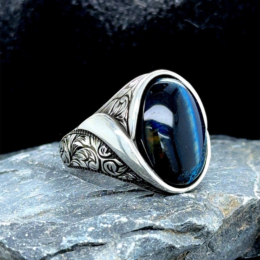 Silver Blue Tiger Eye Men Ring, Handmade Silver Men Ring , Father Gift ...