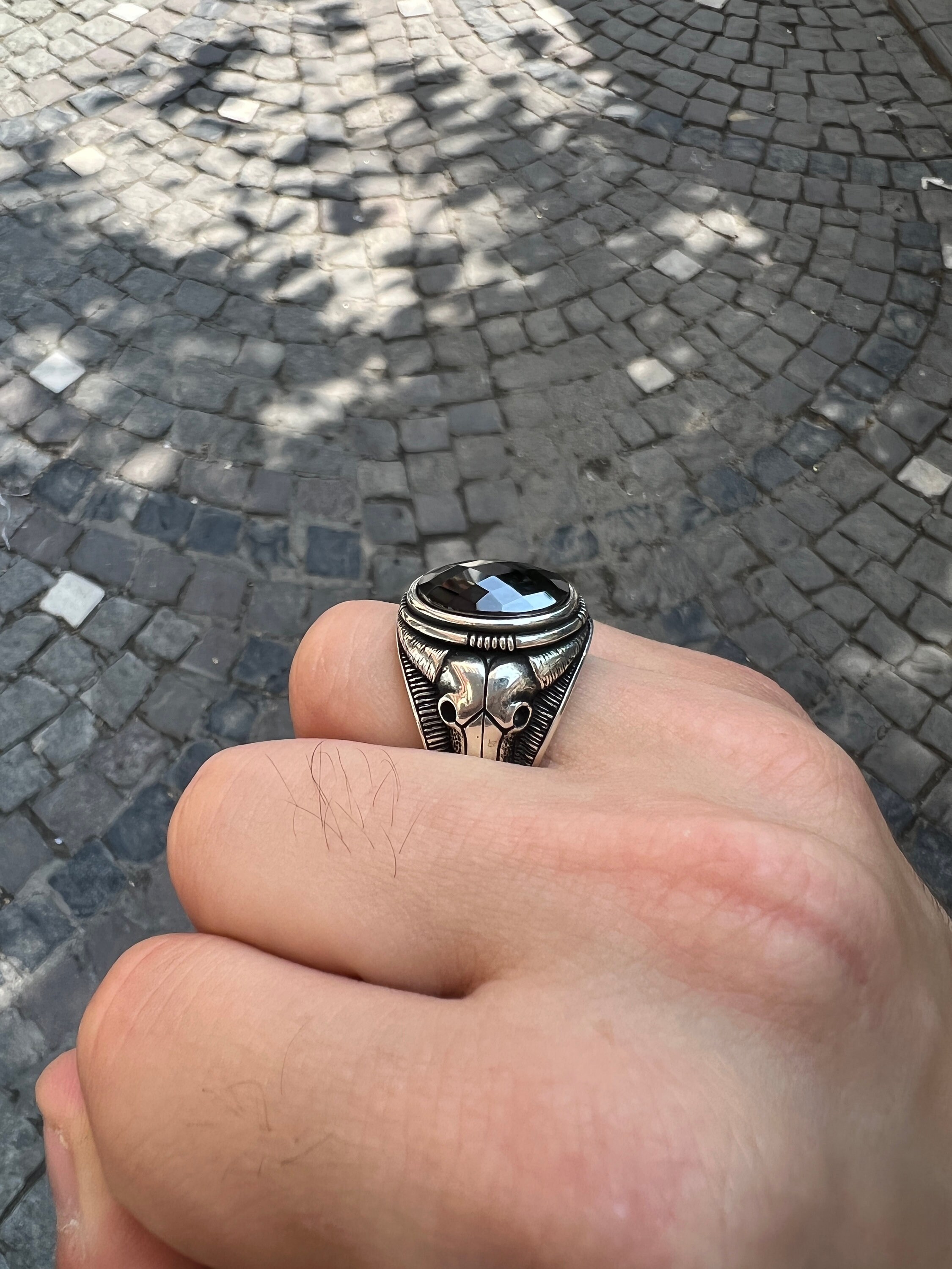 Silver Bull Head Signet Men's Ring Black Stone Man Ring - Etsy