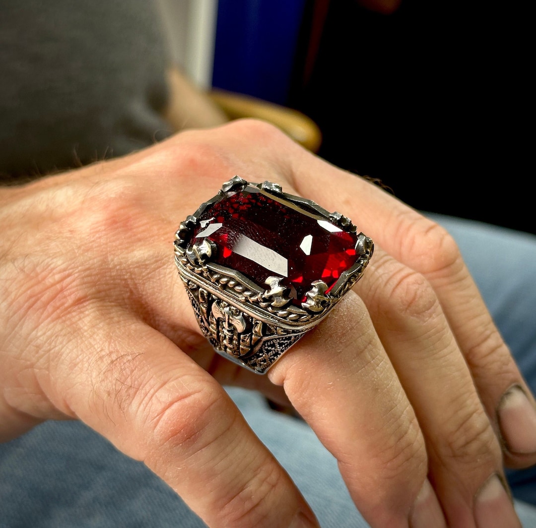 Mens Silver Large Ruby Stone Ring , Axe Model Silver Ring , Turkish ...