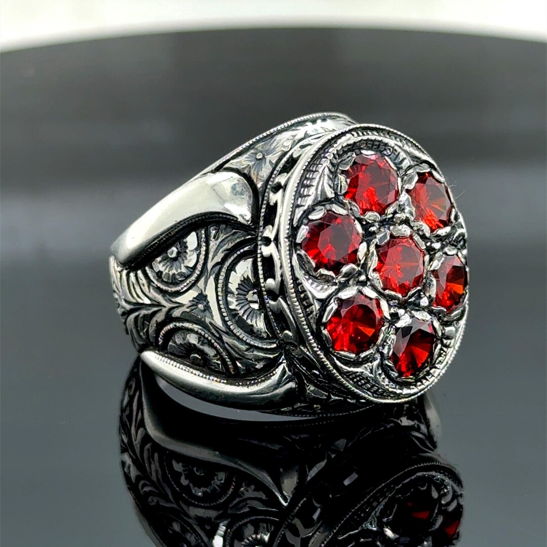 Men Silver Engraved Garnet Stone Ring, Silver Red Stone Garnet Ruby ...