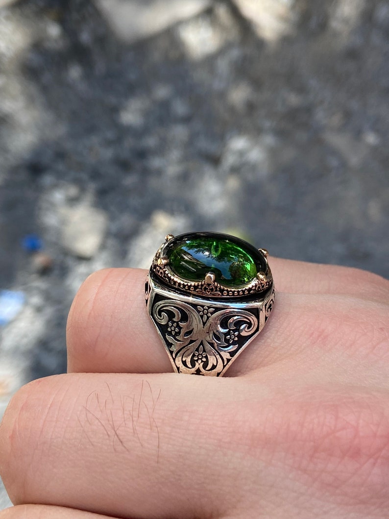 Men Handmade Ring , Green Stone Ring , Sterling Silver Vintage Ring ...