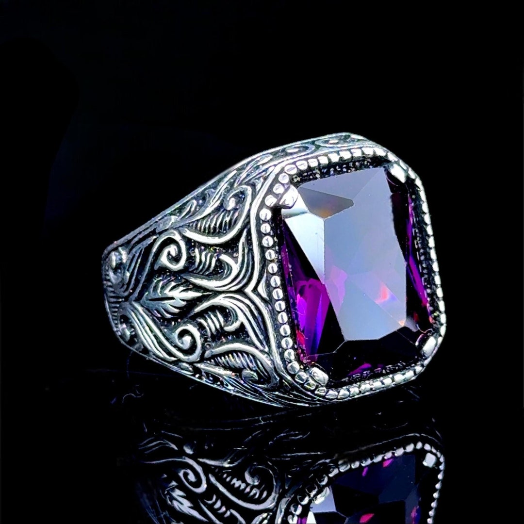Men Amethyst Silver Ring, Handmade Amethyst Ring, Engraved Silver ...