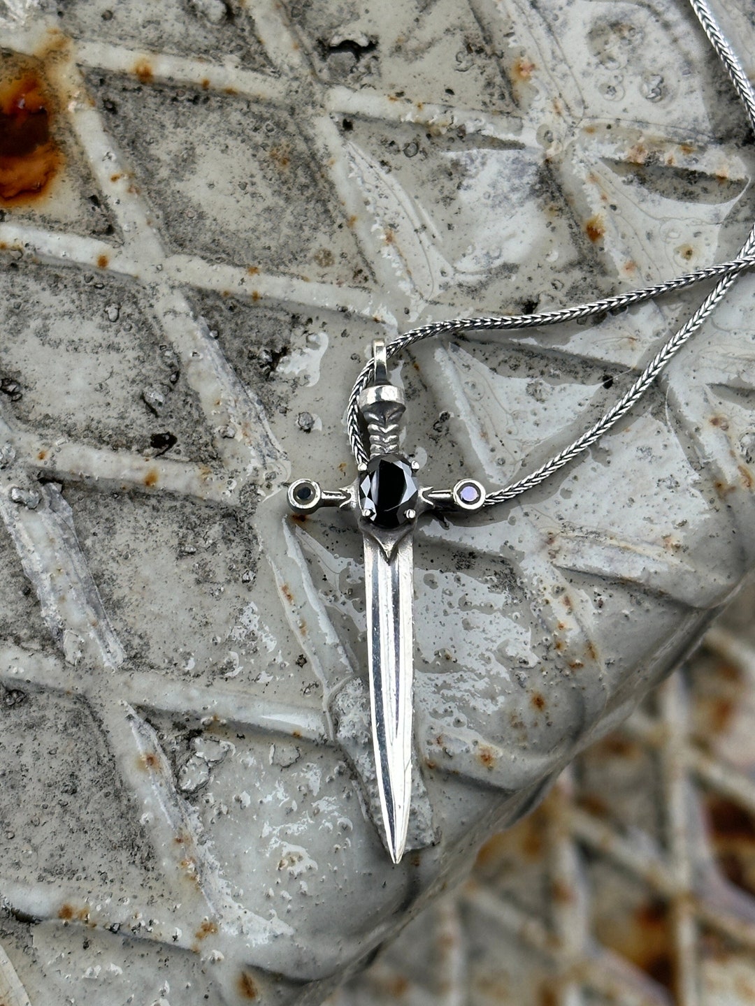 Silver Sword Pendant , Black Stone Sword Necklace , Silver Warrior ...