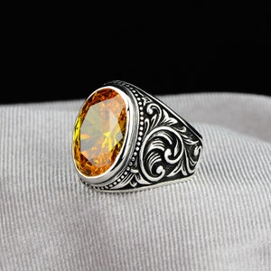 Silver Citrine Stone Ring , Yellow Stone Ring , Engraved Silver Ring ...
