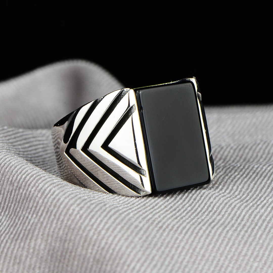 Silver Onyx Ring , Square Onyx Stone Wedding Ring , Line Model Onyx ...