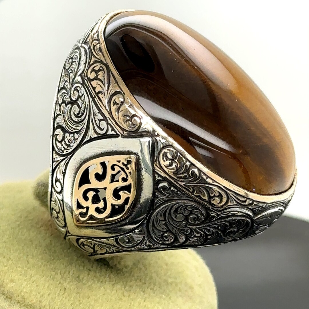 Silver Tiger Eye Ring , Large Turkish Handmade Ring , Ottoman Mens Ring ...