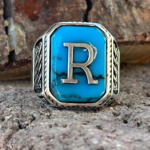 Personalized Turquoise Men Ring , Men's Letter Ring , Custom Initial ...