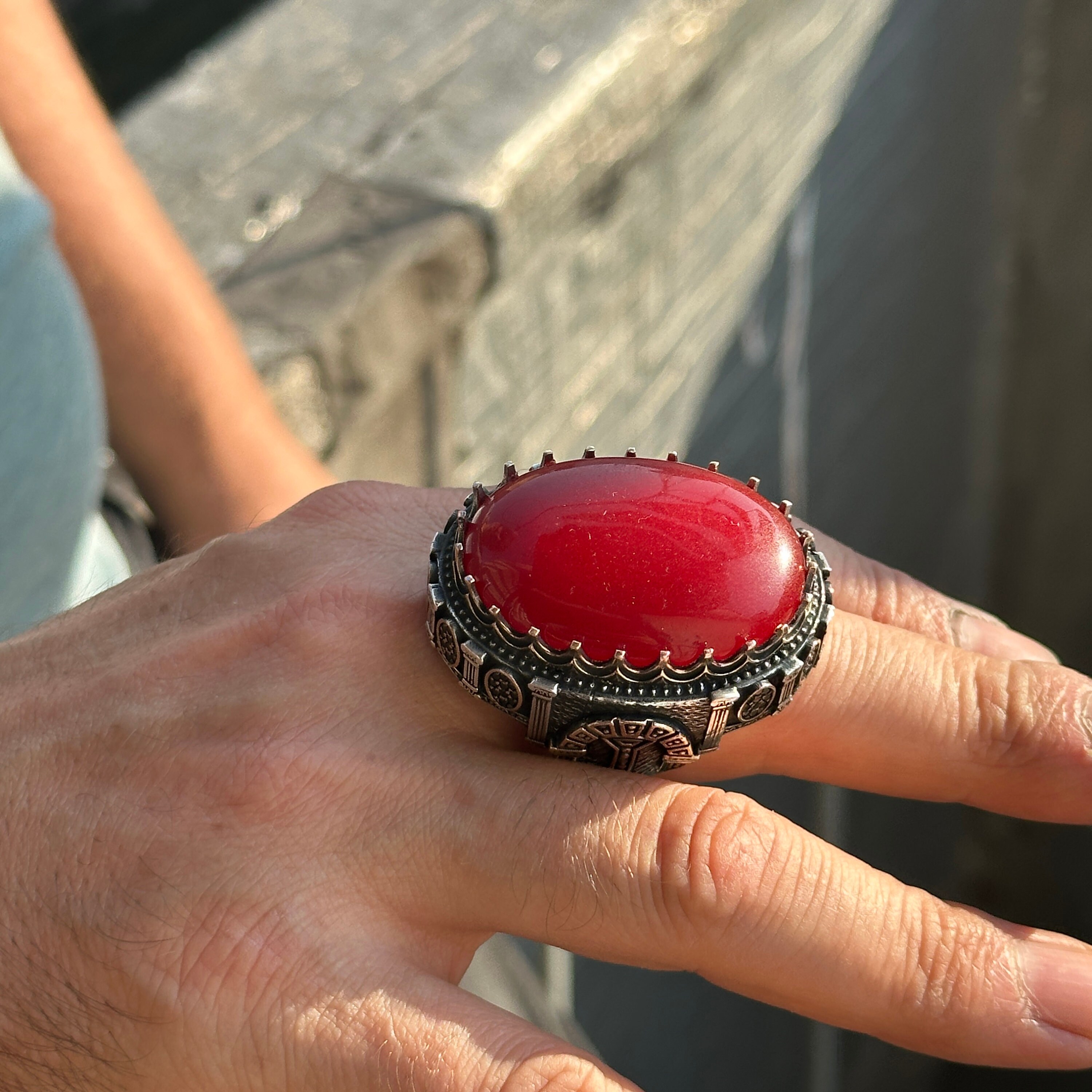 Silver Red Jade Stone Ring, Man Silver Ottoman Large Ring, Large Jade ...