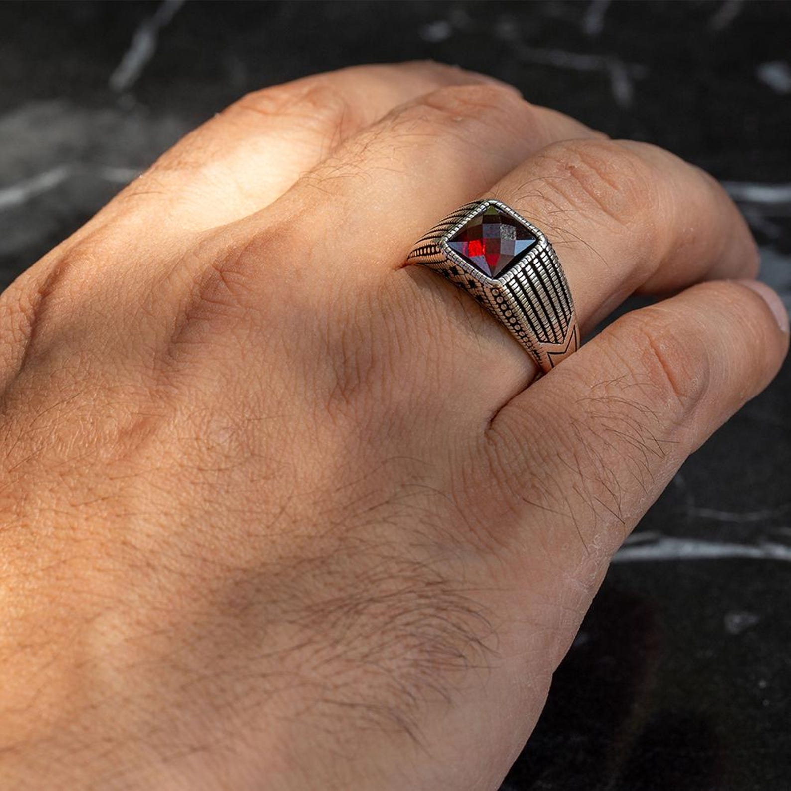 925 Silver Men Ruby Stone Ring, Minimal Red Gemstone Signet Ring, Mens ...