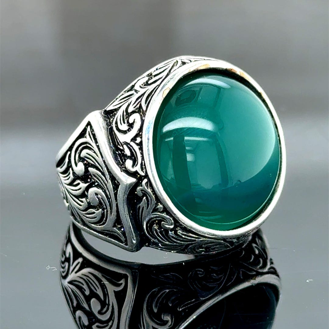 Silver Green Agate Ring, Handmade Men Agate Ring, Round Mens Agate ...