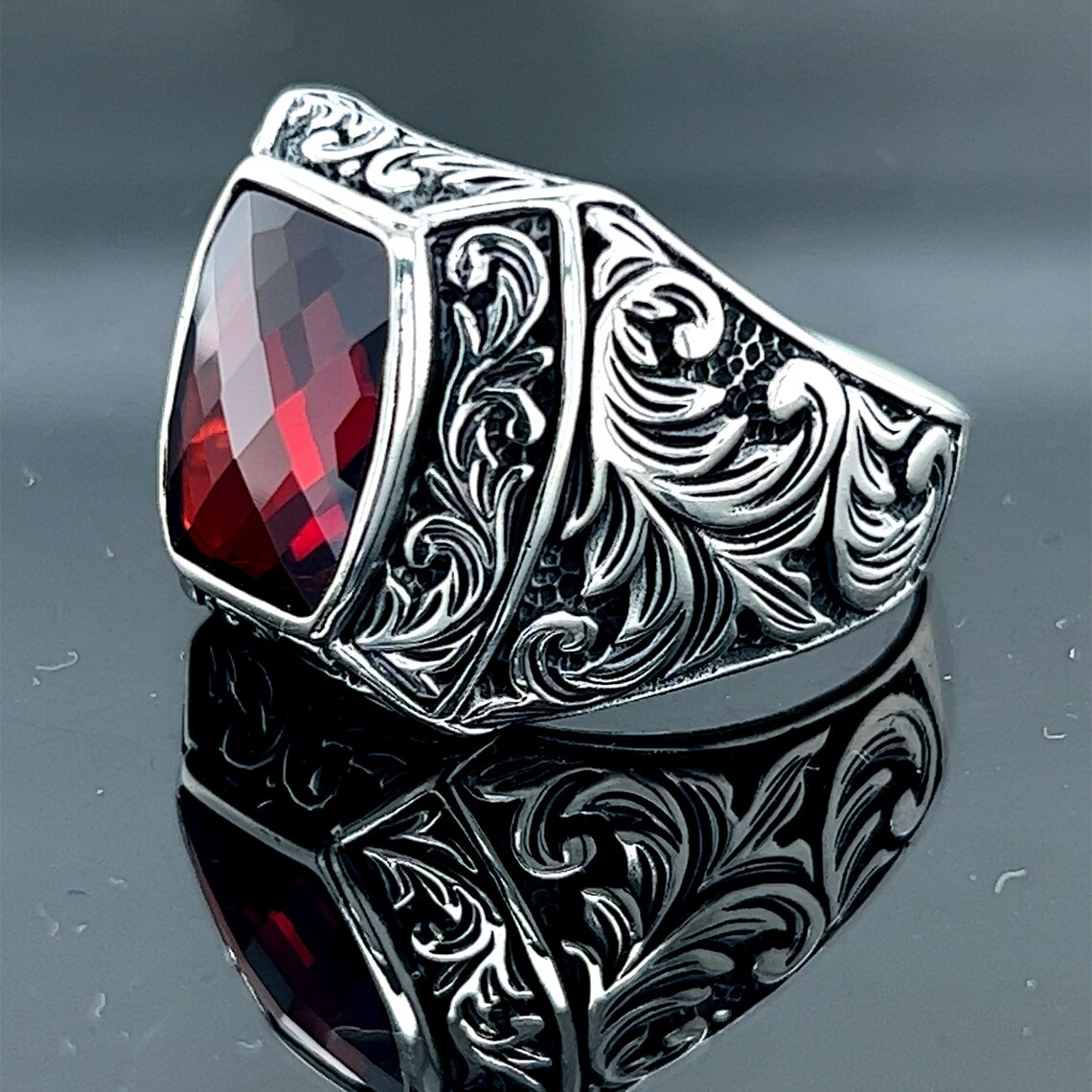 Silver Red Stone Ring , Silver Ruby Stone Ring , Ottoman Patterned Men ...