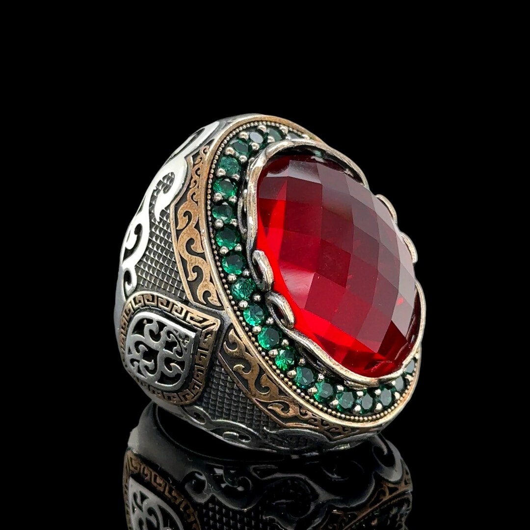 Men Handmade Large Ruby Ring , Ruby and Emerald Ring, Ottoman Style Big ...