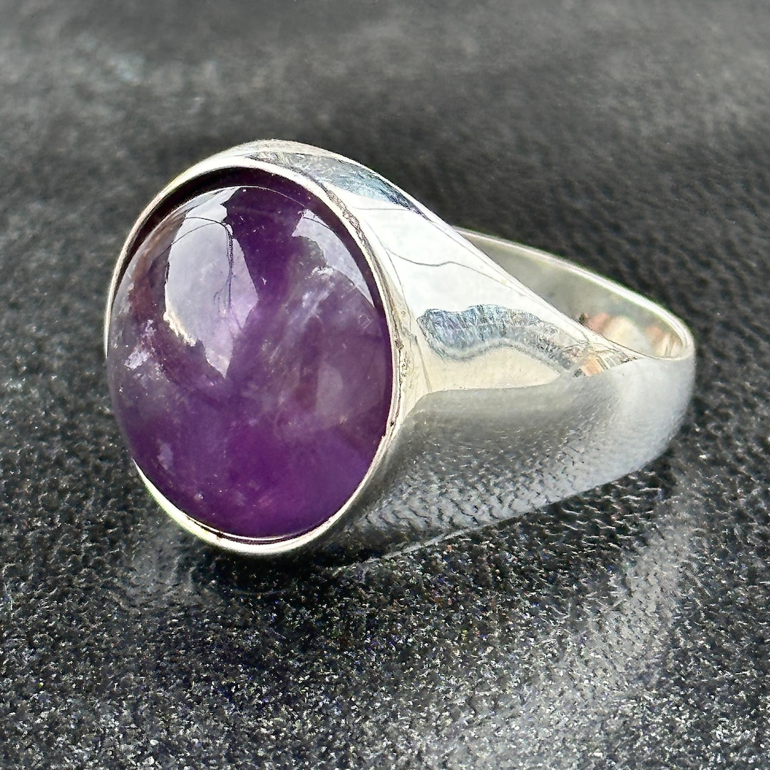 Silver Classic Amethyst Ring , Natural Gemstone Ring , Round Amethyst ...