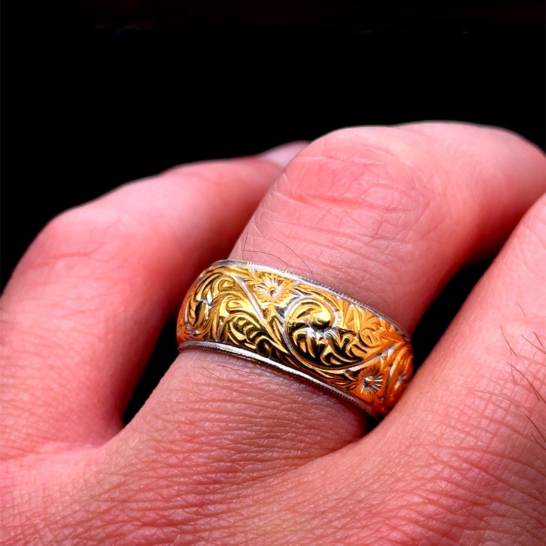 Floral Engraved Silver Band Ring, Gold Promise Wedding Band Ring ...