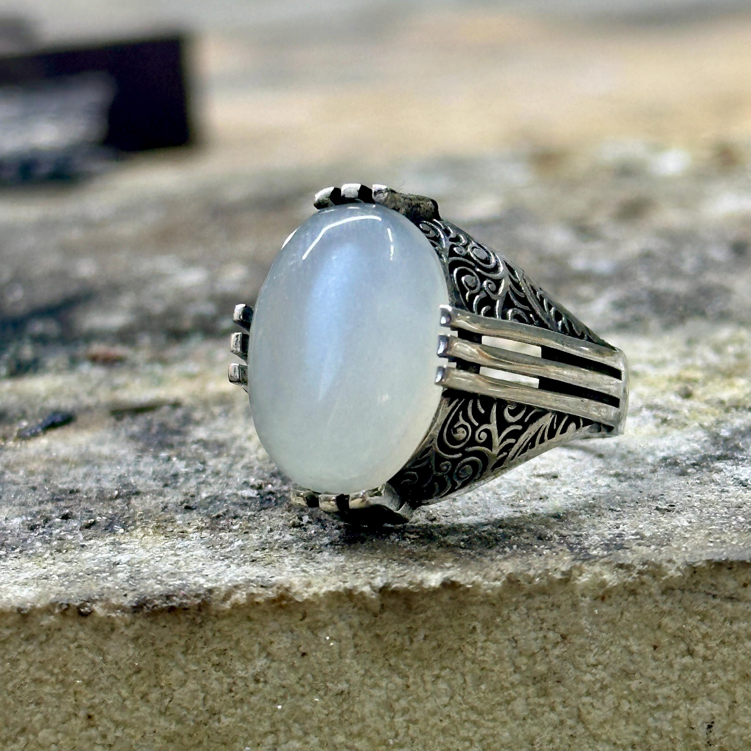 Men Engraved Moonstone Ring , Natural Moonstone Ring, Handmade Silver ...